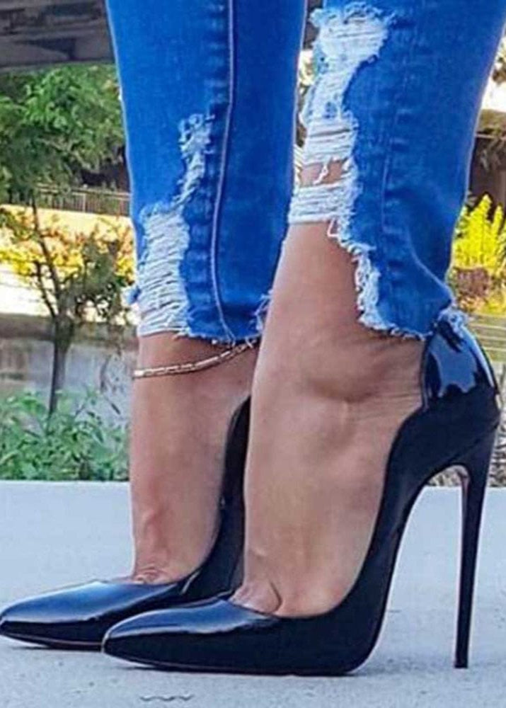 Women's plain black patent leather pointed toe high heel shoes